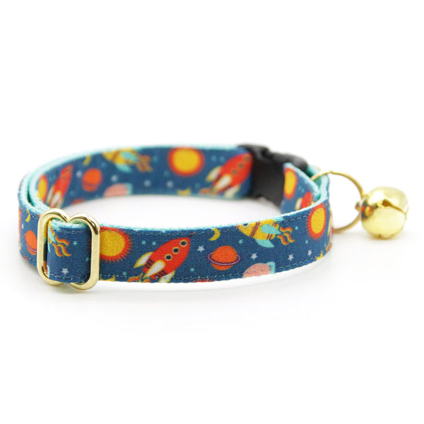 Cat Collar + Flower Set - "Retro Rockets" - Space Cat Collar w/ Scarle