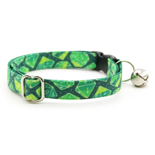 DnD Cat Collar + Flower Set - "Magic Dice - Green" - D20 Cat Collar w/