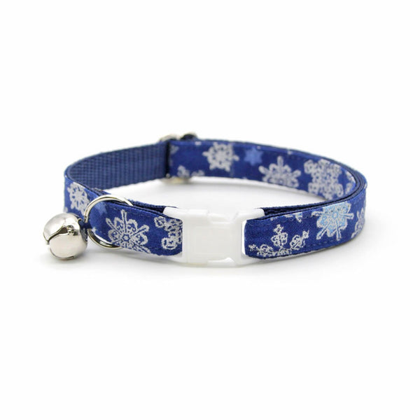 Cat Collar + Flower Set - "Shimmering Snowflakes - Blue" - Winter Meta