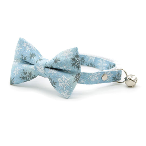 Bow Tie Cat Collar Set - "Snowflakes - Frosty Blue" - Holiday Snowflak